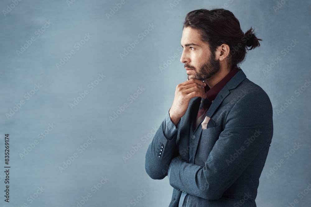 Thinking, doubt and business man planning future, idea or salesman ...