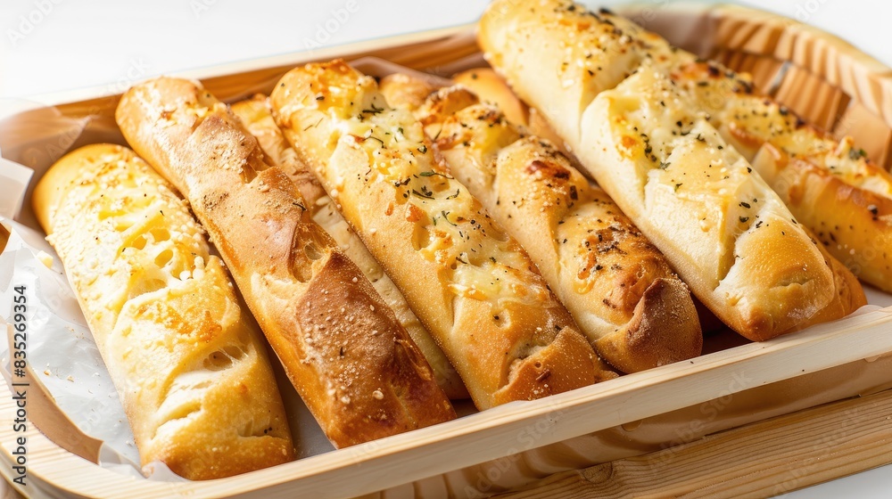 Tray of cheese bread sticks butter bread sticks on white background ...
