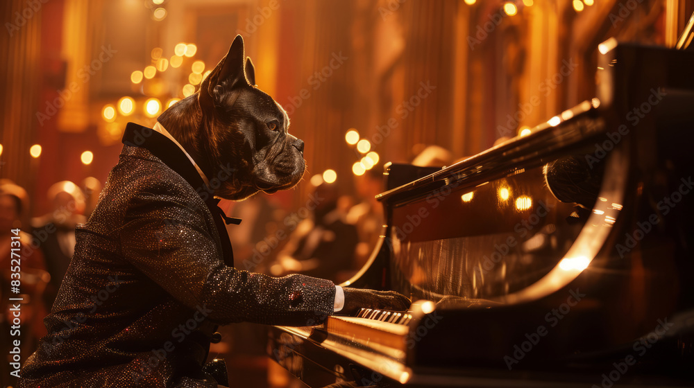 Dog musician in concert hall. A dog in a tuxedo playing piano on stage ...