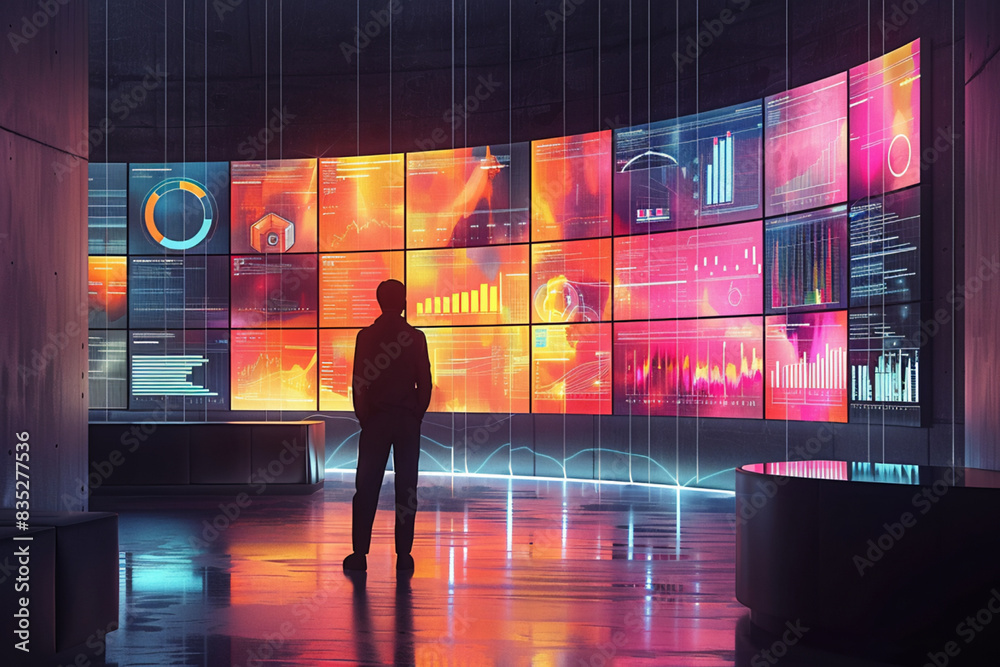 Create an artistic interpretation of an office space where digital ...