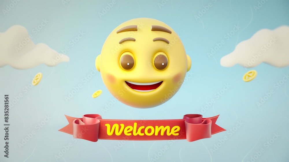 Design a 3D luxury yellow emoji with a welcoming nod, set against a ...
