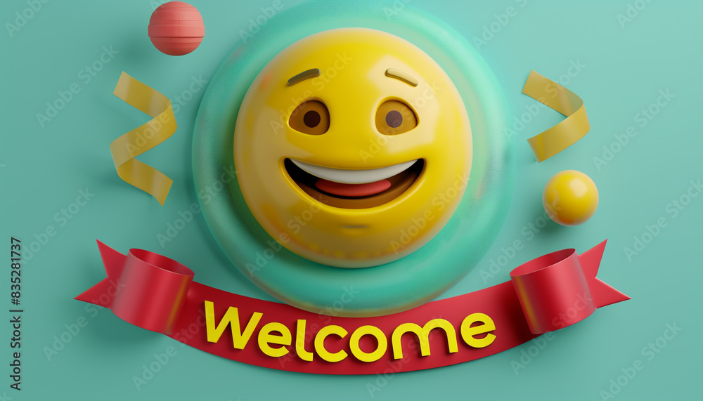 Develop a 3D luxury yellow emoji with a radiant smile, set on a cool ...