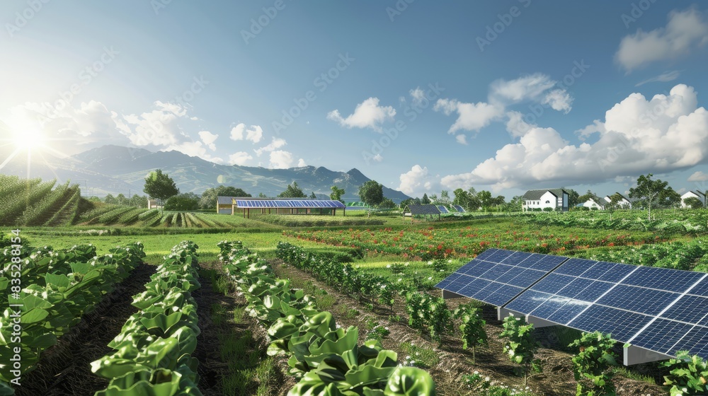 Farmland enhanced with agrivoltaics, where solar panels are ...