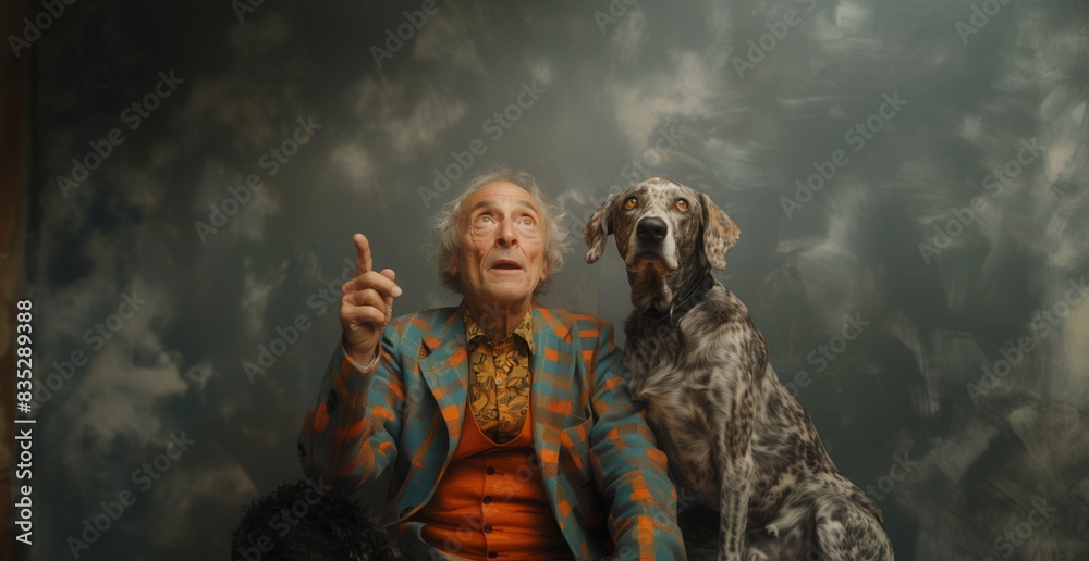 Old man with a surprised expression pointing up with a dog Stock Photo ...