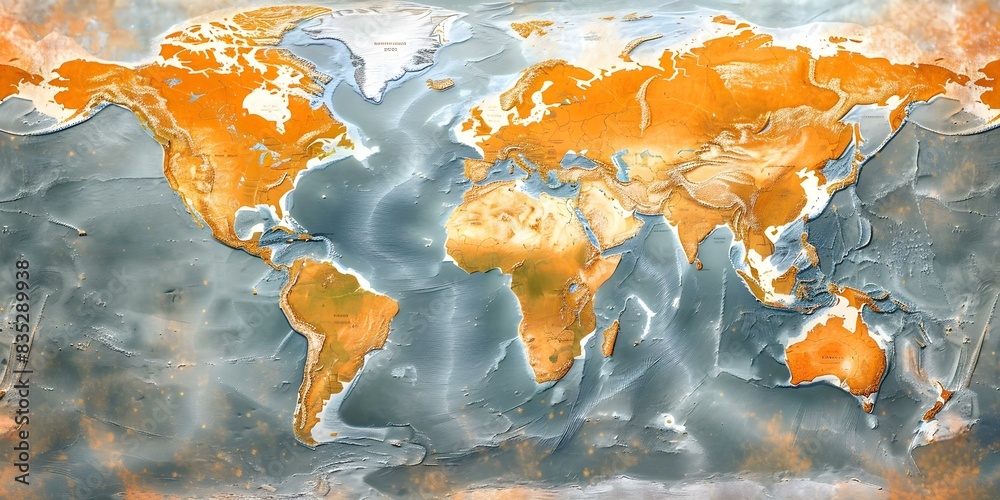 Detailed flat world map with satellite image planetary surface textures ...
