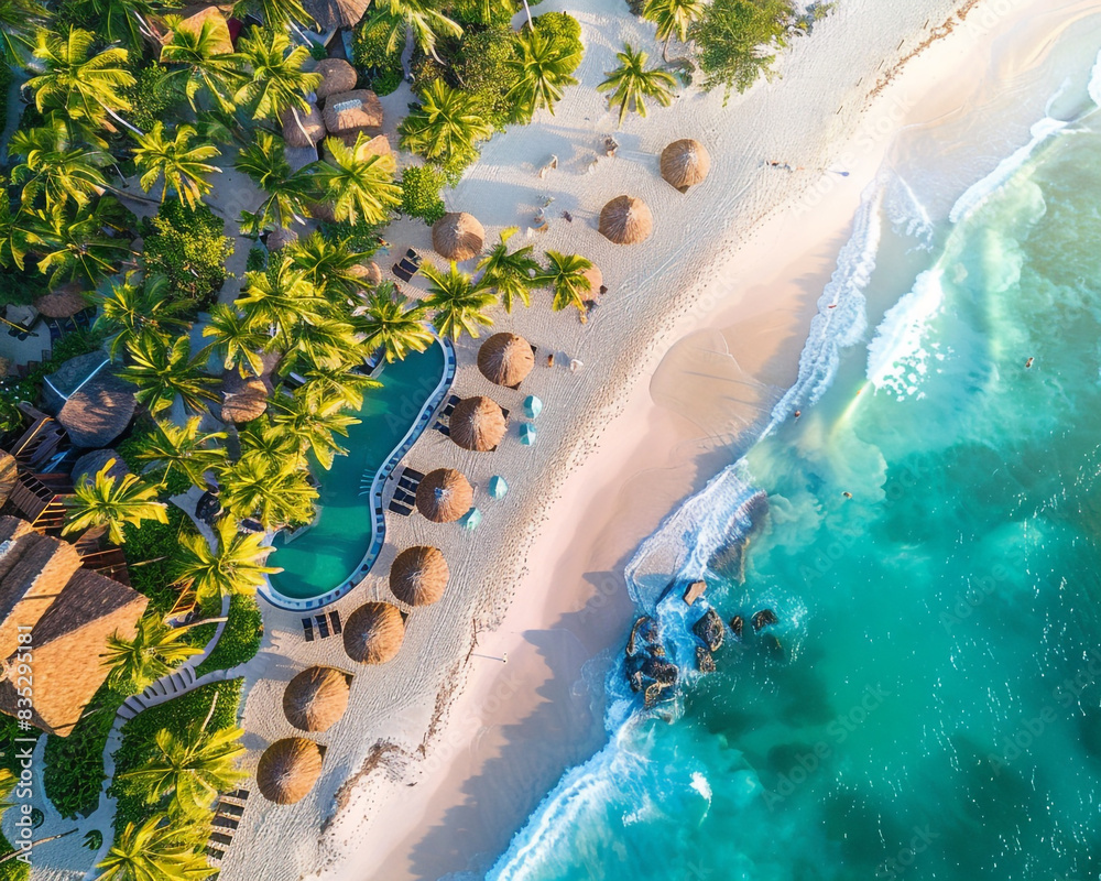 Luxurious beach resort view from above, with infinity pools and palm ...