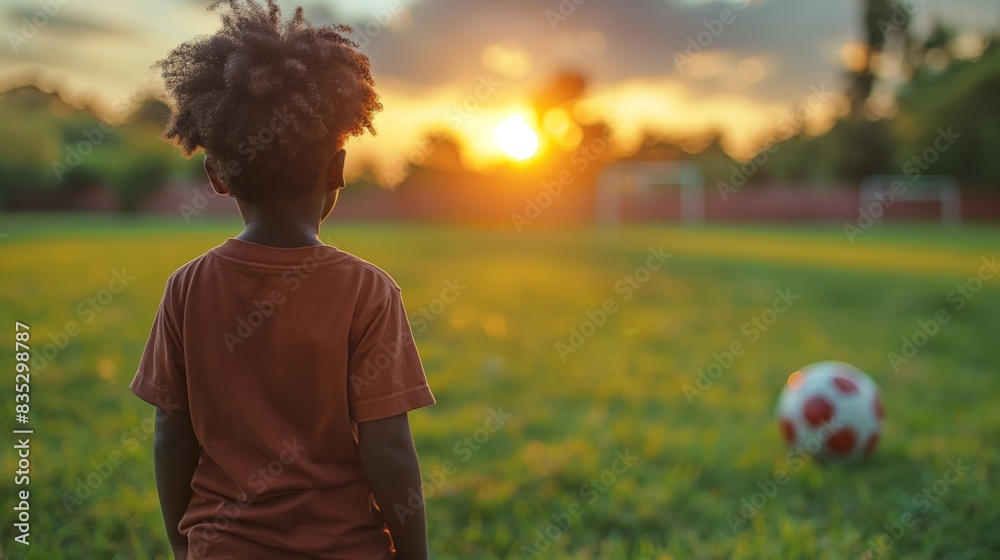 cute back view portrait of young African boy looking at local football ...