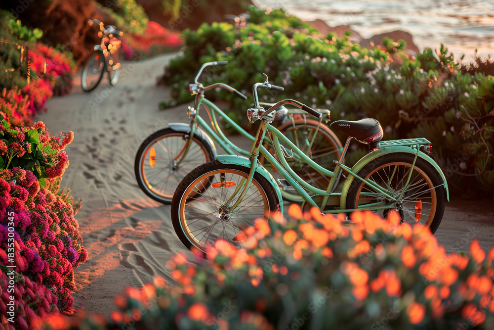 Vintage beach cruiser bicycles parked along a floral bordered path ...