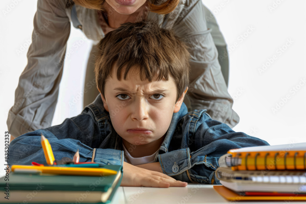 Angry child sits at desk with frustrated mother leaning over him. Scene ...