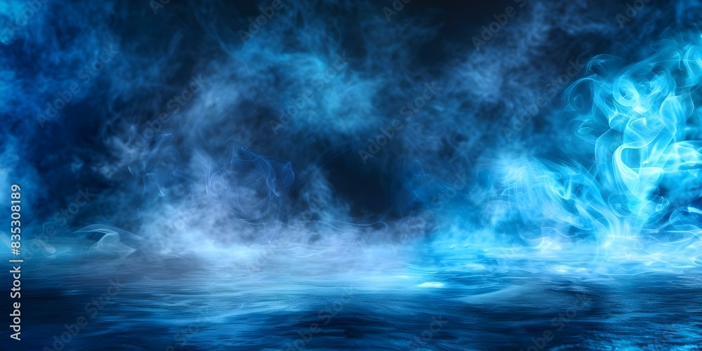 Smoke floating up in a studio room with a concrete floor against a dark ...