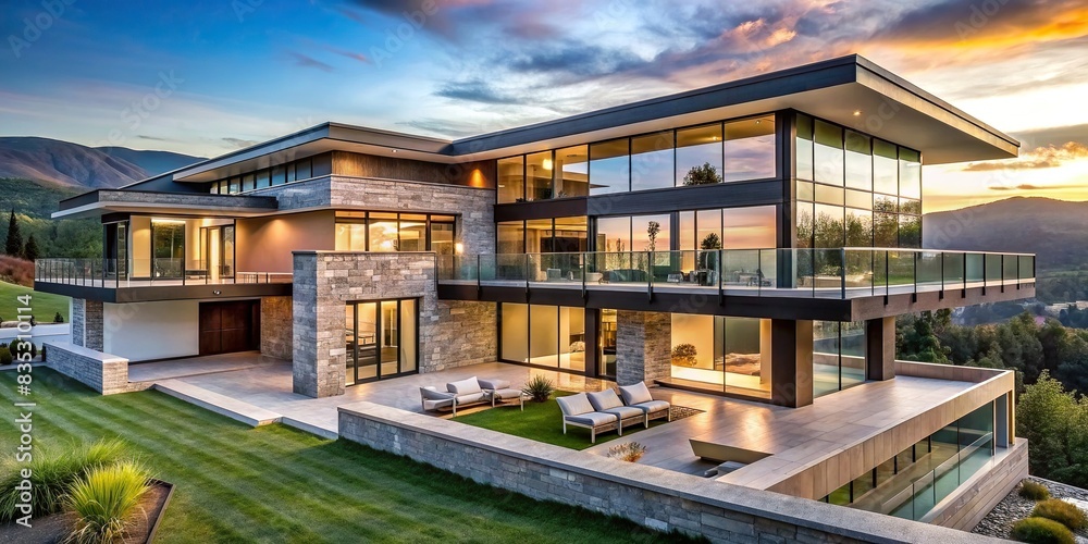 Luxurious modern mansion with glass, steel, and natural stone materials ...