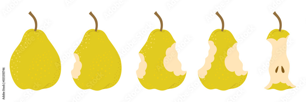 Pear eating steps cartoon icon set. Stages of biting red ripe Pear from ...