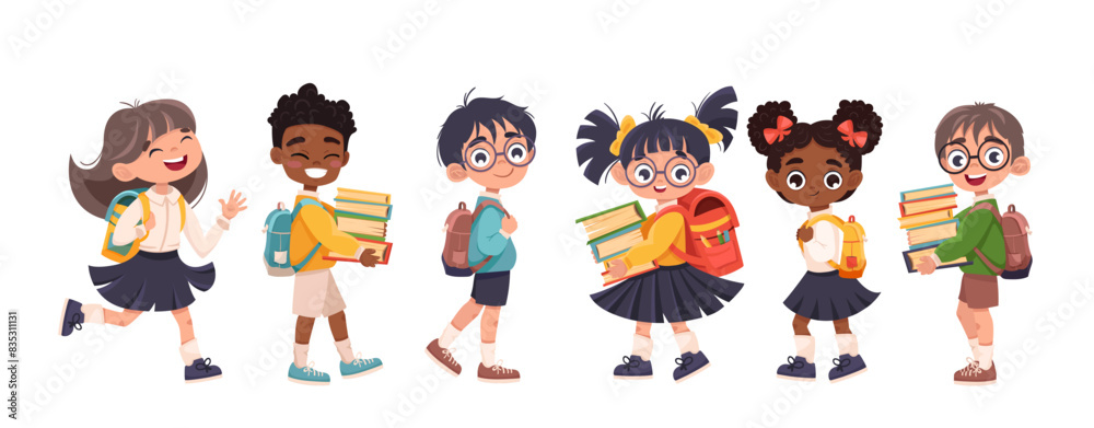 Cute children going to school together. Little different kids are happy ...