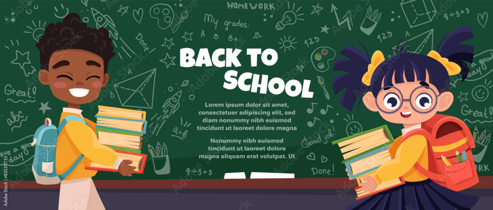 Welcome Back to School banner with cute schoolchildren. Afro american ...