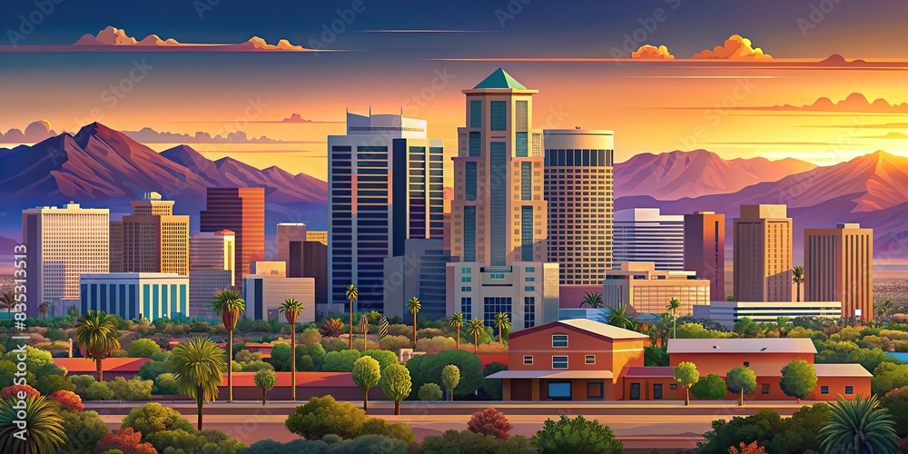 of Tucson city skyline at sunset in flat style, Tucson, Arizona ...