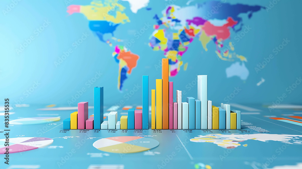 ภาพประกอบสต็อก 3D rendering of a colorful bar graph with a world map in ...