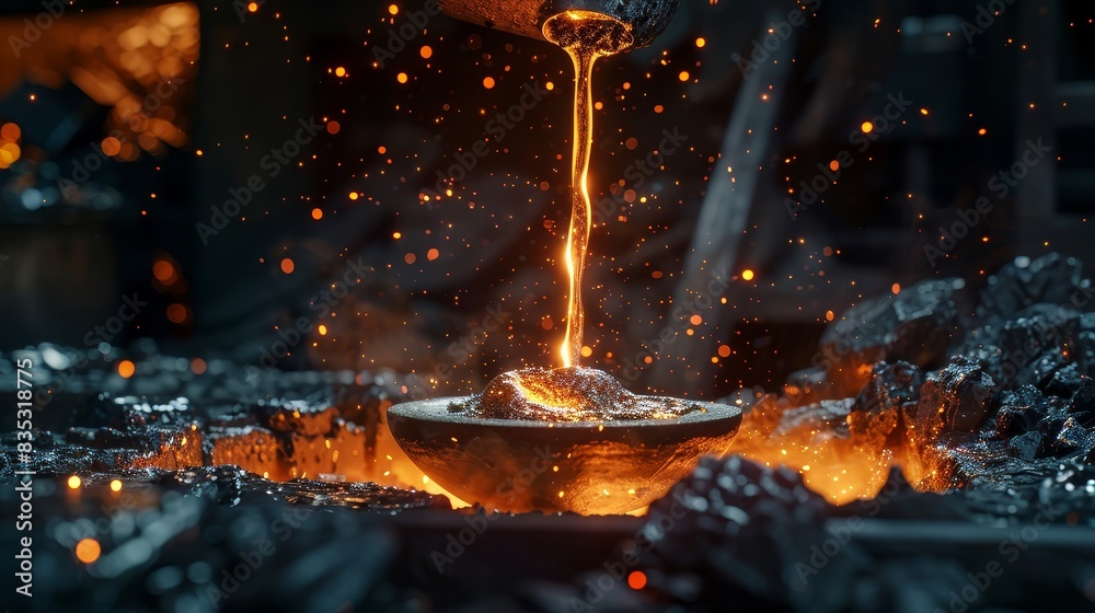 Molten metal pouring into a container by a worker, photorealistic image showcasing the intensity ...