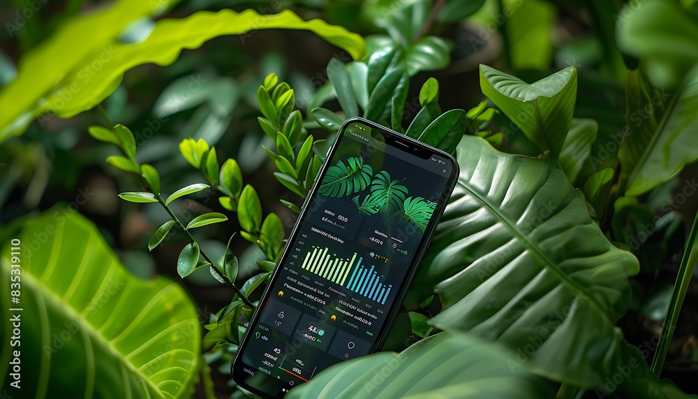 Smartphone displaying an app for tracking personal carbon footprint with charts and data ...