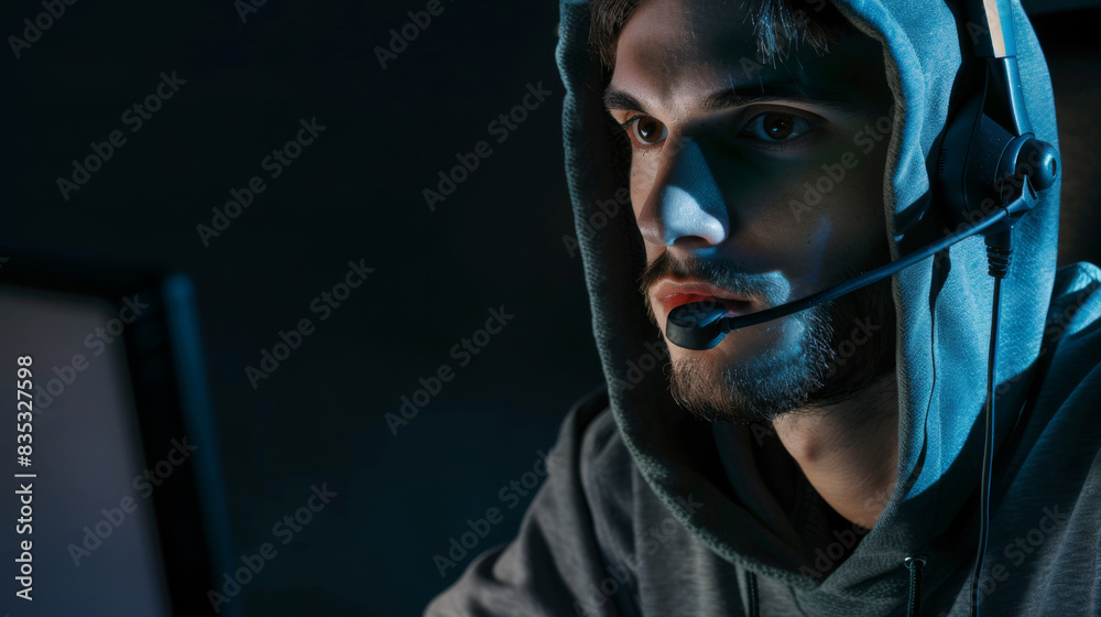 Scammer wearing a hoodie and headphone, scam, phishing and criminal ...