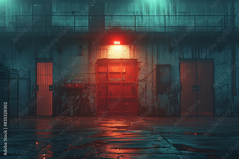 A desolate prison yard bathed in harsh fluorescent light, where inmates ...