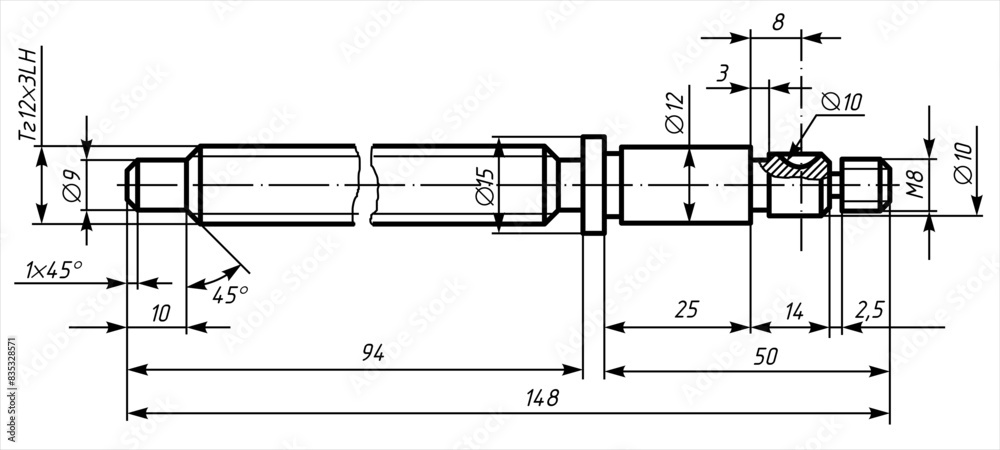 Vector drawing of steel mechanical part with through holes, dimension ...