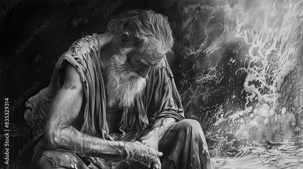 prophet noah, bible, Charcoal pencil drawing, white background, 16:9 ...