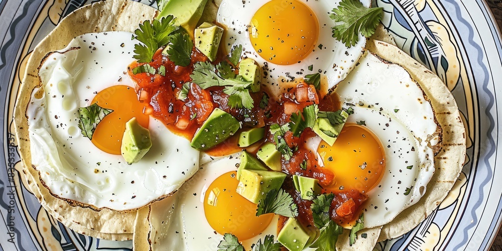 Detailed line art of a colorful plate of rancheros, with fried eggs ...