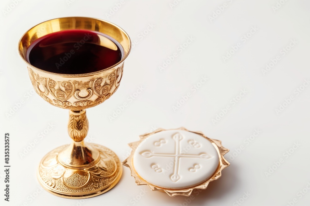 Elegant golden chalice filled with red wine and a communion wafer on a ...