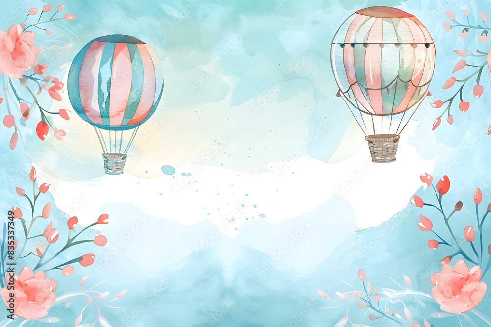Cute cartoon hot air balloon frame border on background in watercolor ...