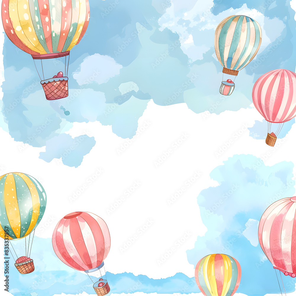 Cute cartoon hot air balloon frame border on background in watercolor ...