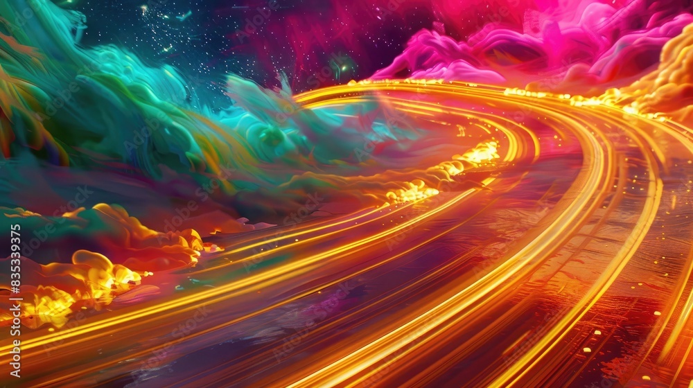 Bold streaks of amber light weaving through a neon-tinged scene, set ...