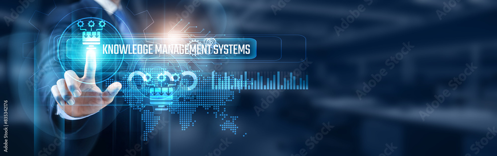 Businessman touching the interface of a knowledge management system ...