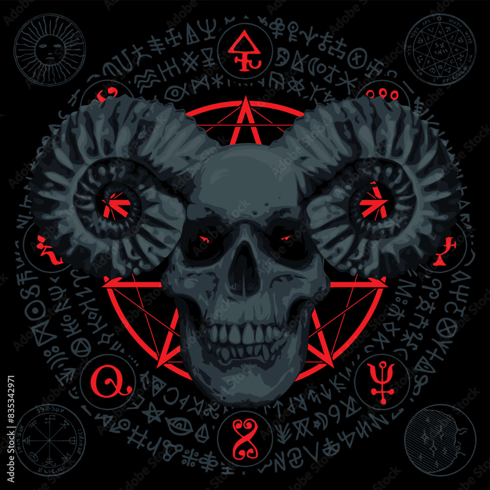 Vector illustration with human skull with horns ram, pentagram, occult ...