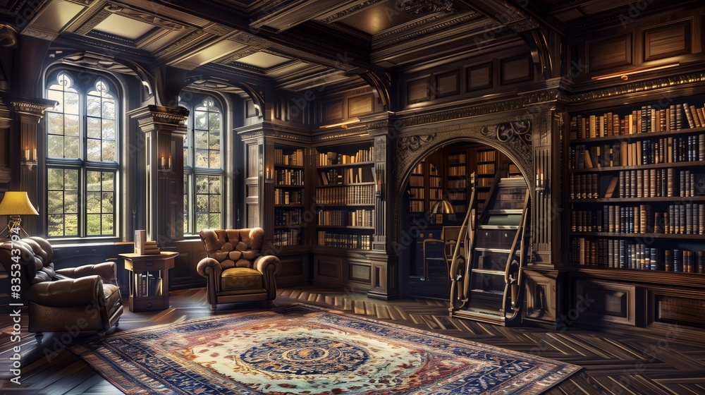 Historic Tudor-style manor house library interior with dark wood ...