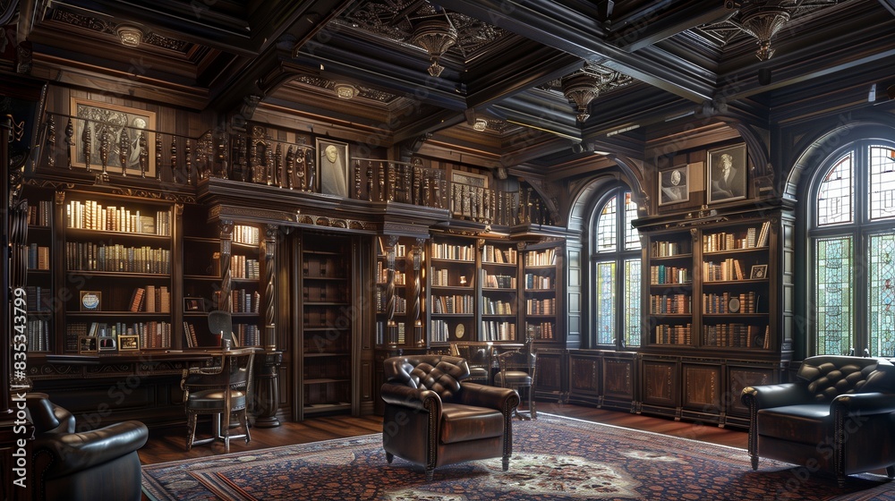 Foto de Historic Tudor-style manor house library interior with dark ...