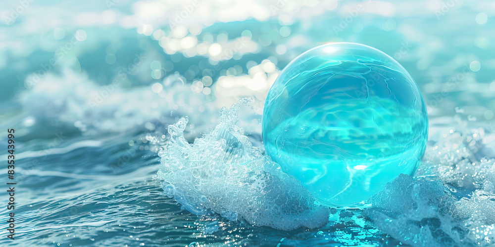 Aqua Blue Beach Ball: A beach ball bobbing in the waves, its surface ...