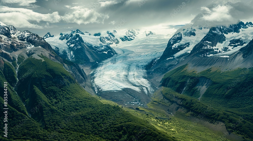 A detailed portrayal of Patagonia's lush, green terrain juxtaposed with ...