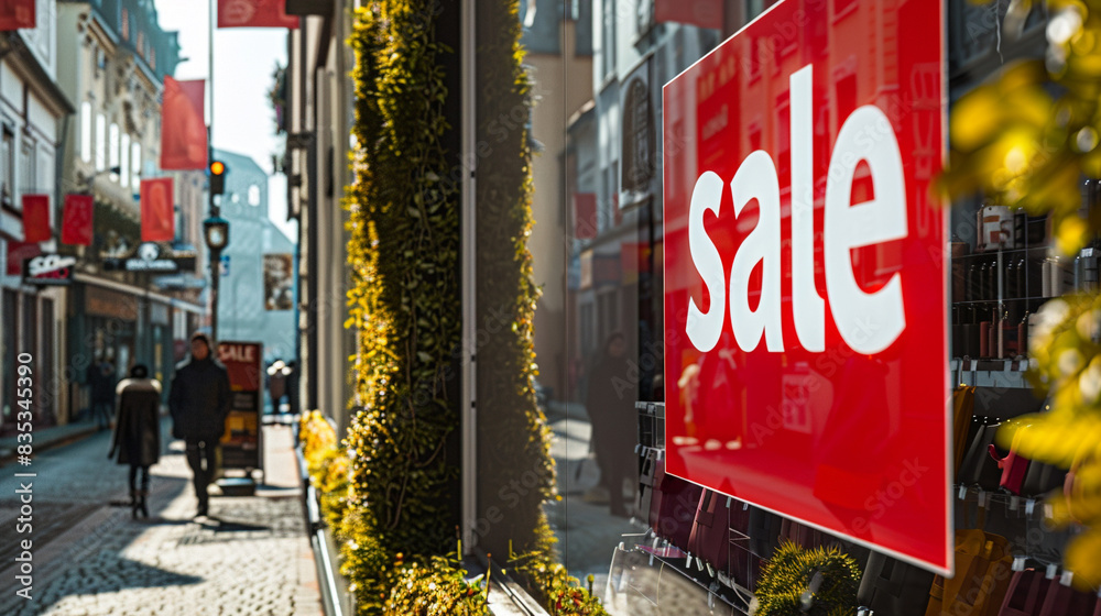 Picture of shop at fashion store window display with text SALE on red ...