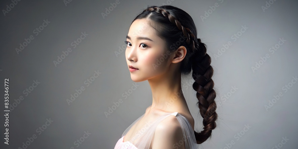 Portrait of beautiful Japanese woman with French braid wearing ballet ...