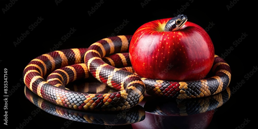 Forbidden fruit red striped snake coiled around crimson apple on black ...