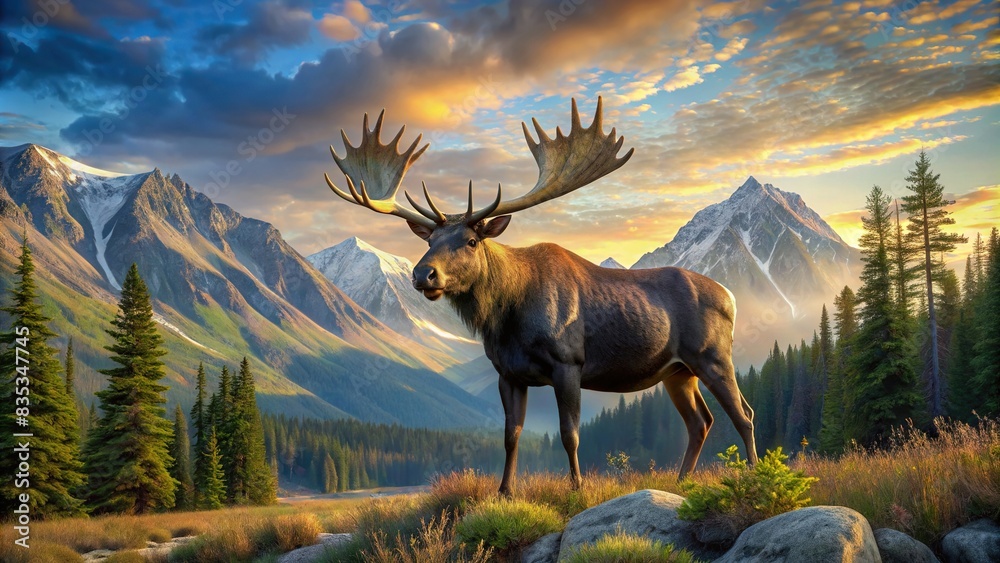 Digital rendering of a majestic moose in the Rocky Mountains, Moose ...