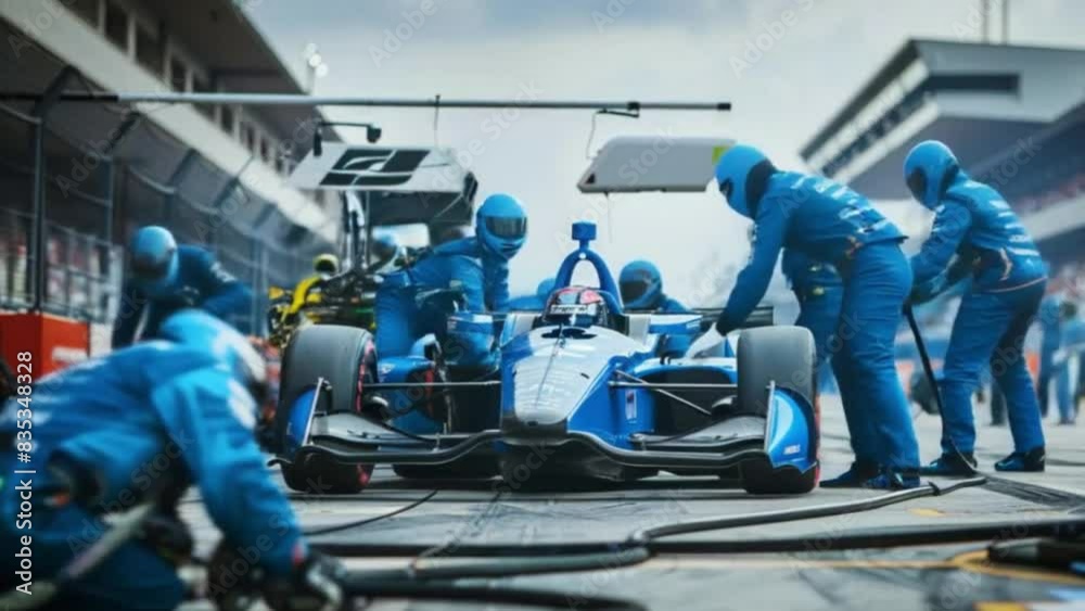 Professional pit crew ready for action as their team's race car arrives in the pit lane during a ...