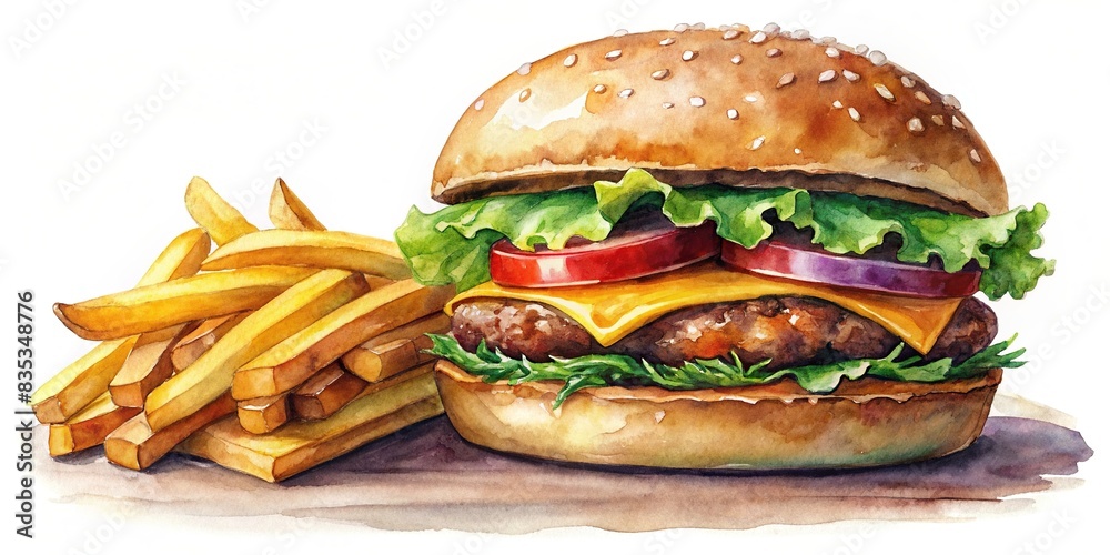 Burger and fries watercolor on background, fast food, burger, fries ...