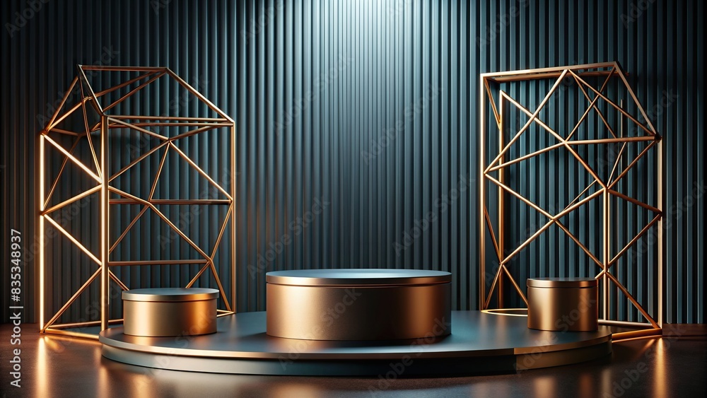 metal surface podium on stage with geometric shapes for product display ...