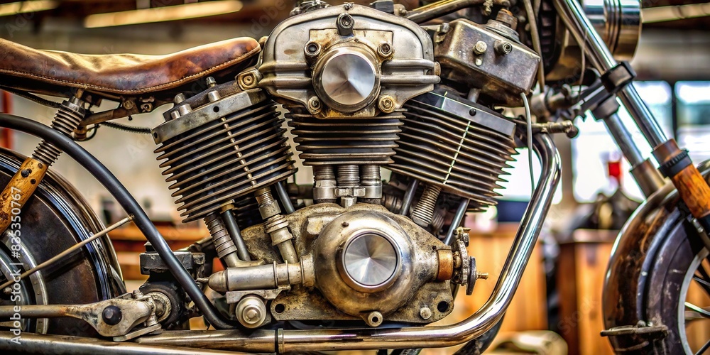 Vintage motorcycle engine in mid-restoration, showcasing worn but ...