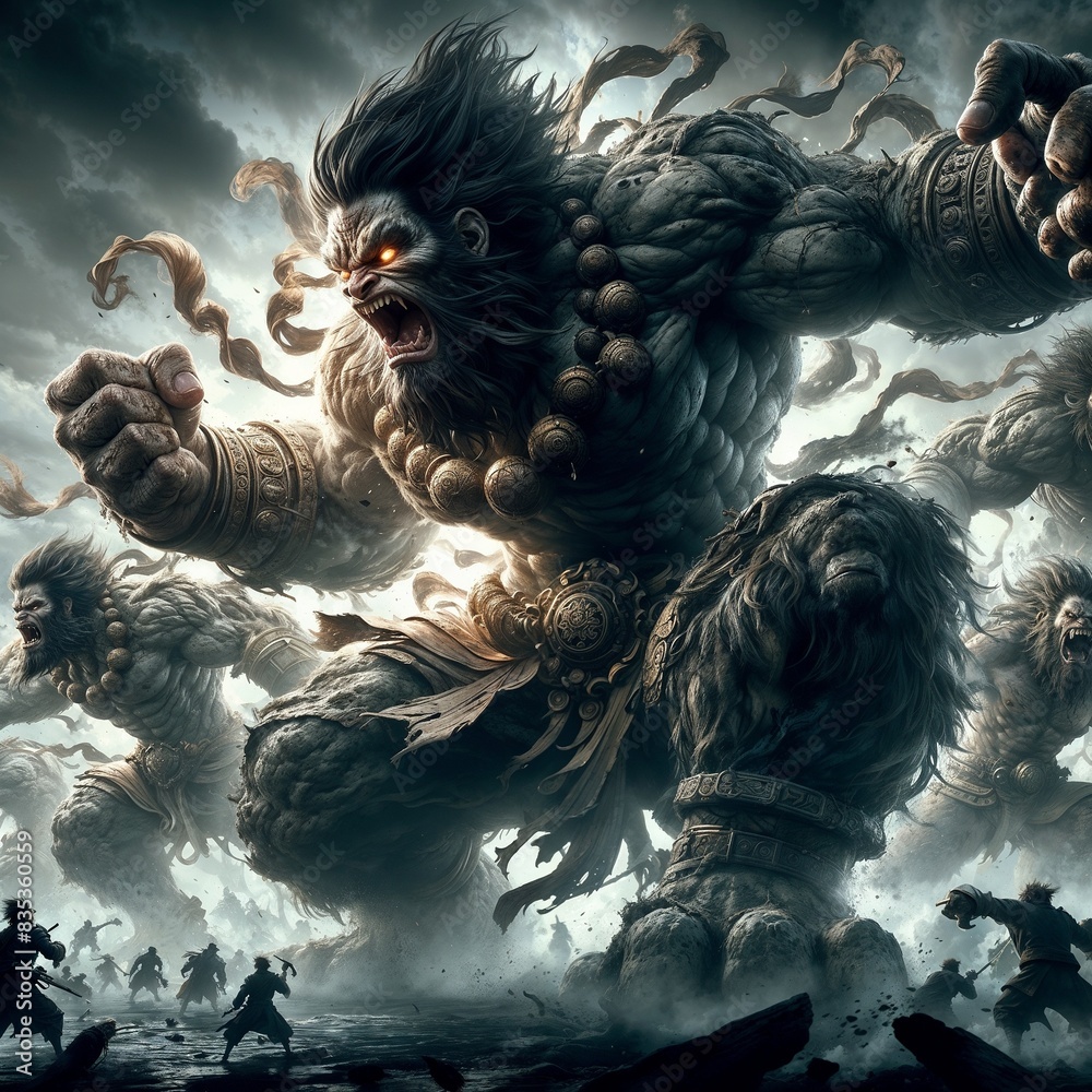 Dramatic and intense digital artwork of an aggressive Wukong ...