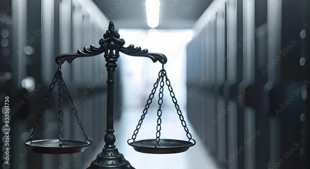 Symbol of justice with digital scales in a modern data center ...