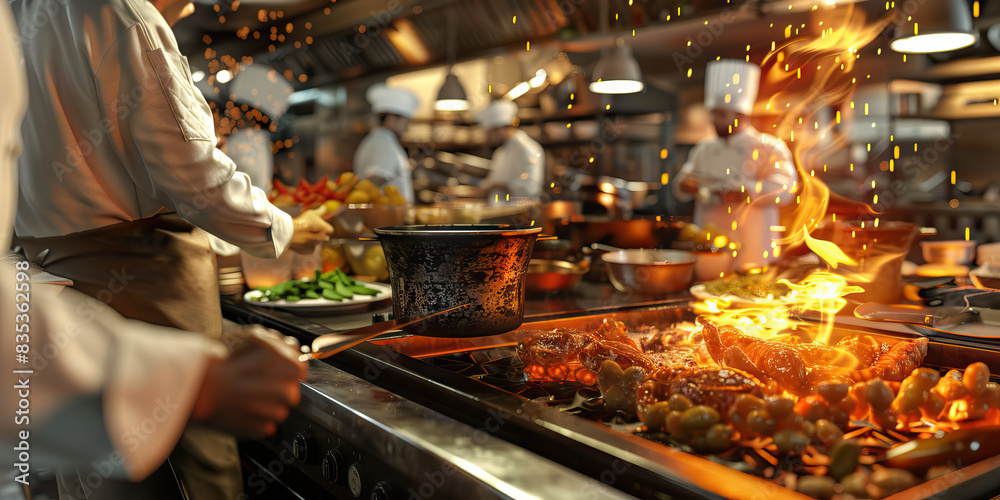 Savory Delights: A bustling restaurant kitchen with chefs preparing mouthwatering dishes on an ...