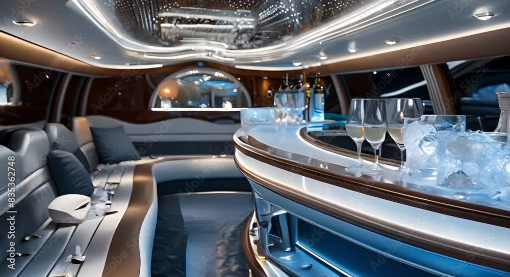 Luxurious limousine interior with a stylish bar for partying and ...