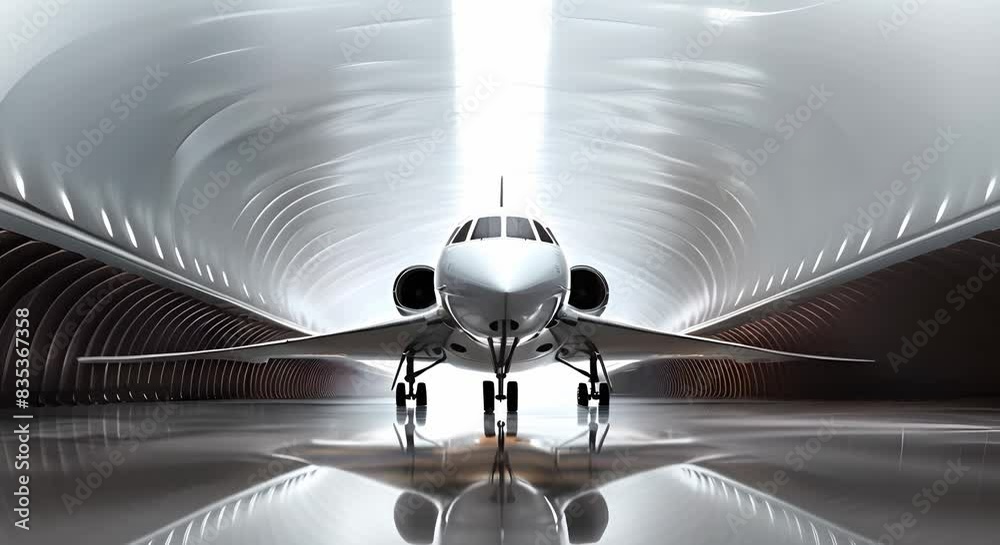 Photo of supersonic passenger plane in futuristic hangar. Concept ...